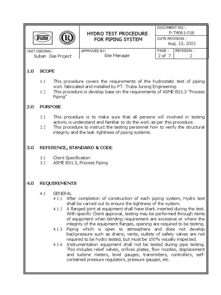 Hydro Test Procedure for Piping | PDF
