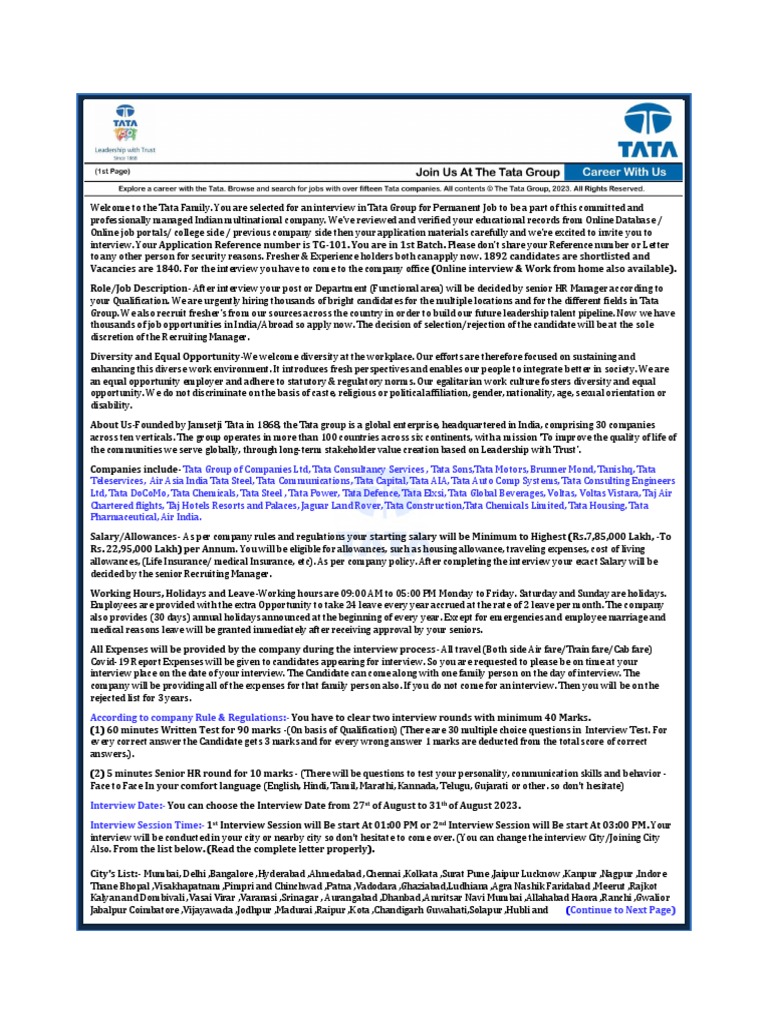 Interview Letter by Tata Group | PDF | Cost Of Living | Payments