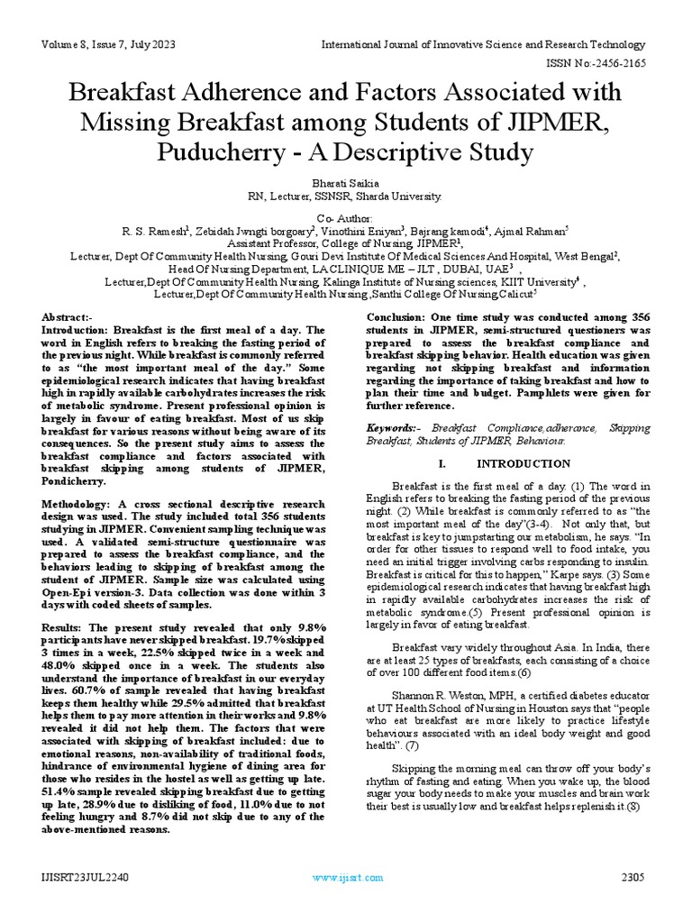 Breakfast Adherence and Factors Associated With Missing Breakfast Among ...