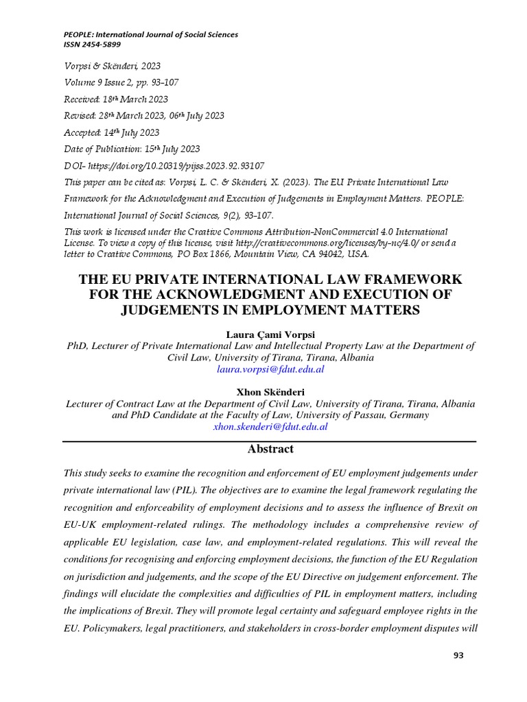 The Eu Private International Law Framework For The Acknowledgment and Execution of Judgements in ...