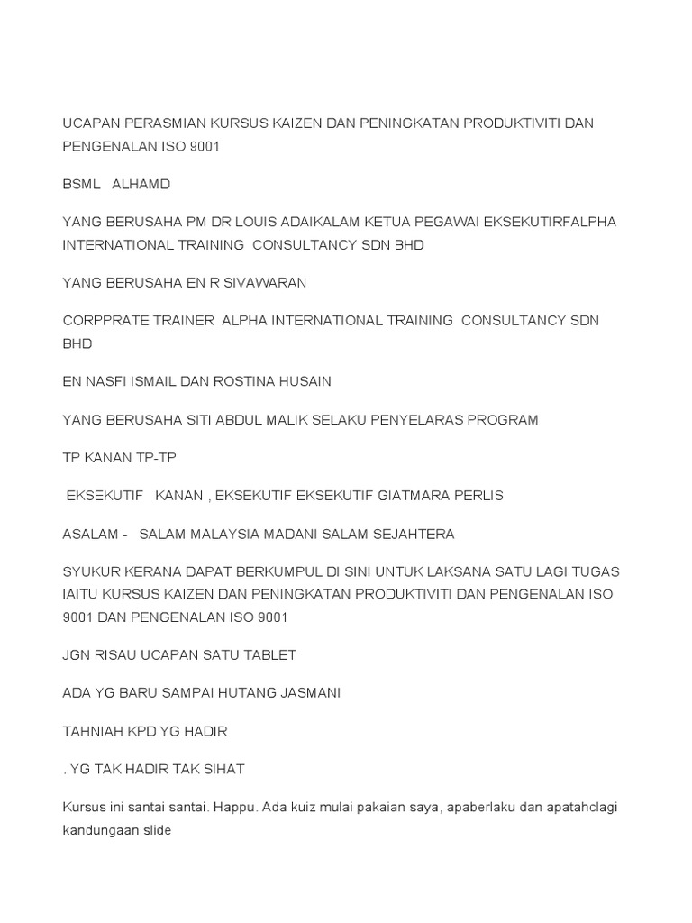 Ucapan Perasmin Kursus Kaizen | PDF