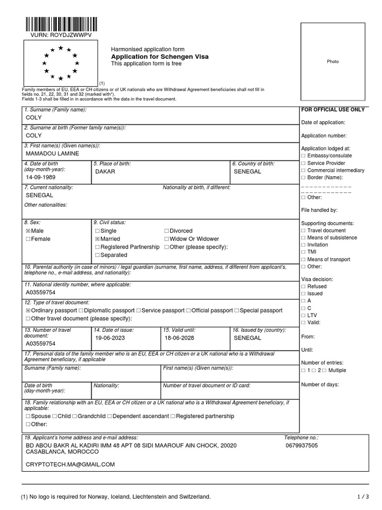 Application For Schengen Visa: For Official Use Only | PDF | Travel ...