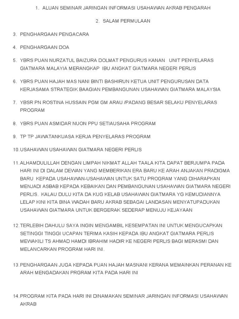 Ucapan Aluan Seminar Jaringan Informasi Usahawan Akrab Pengarah | PDF