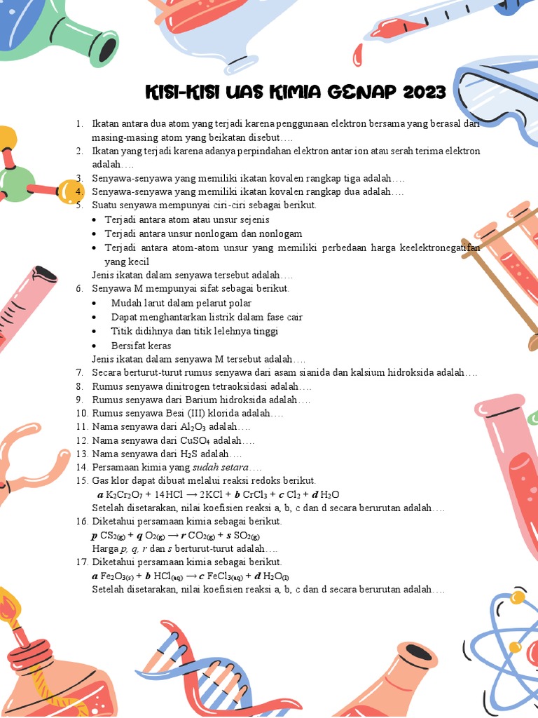 Kisi-Kisi Uas Kimia Genap 2023 | PDF