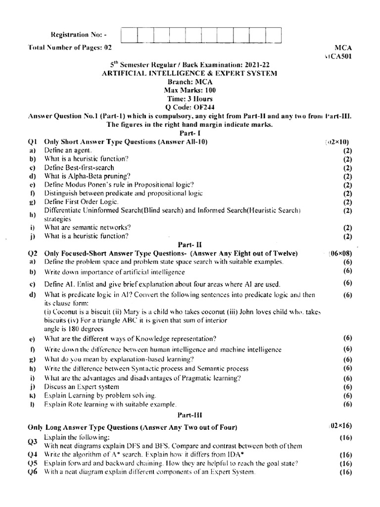 Mca 5 Sem Artificial Intelligence and Expert System Mca501 2022 | PDF