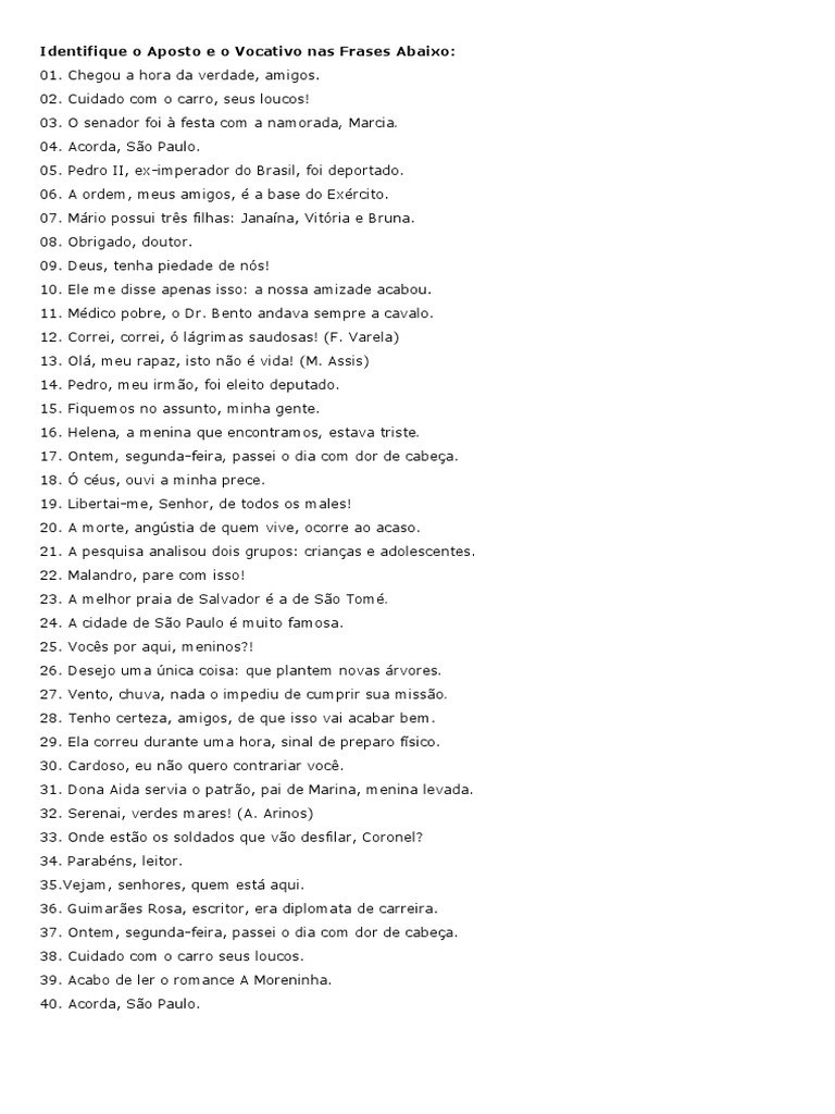 Aposto e Vocativo - Exemplos | PDF