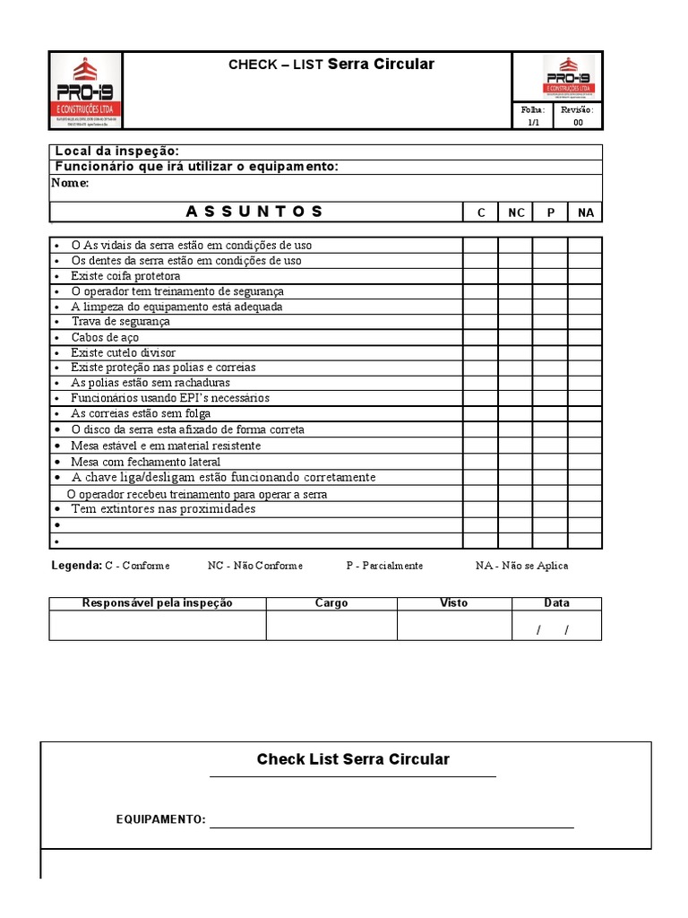 Checklist de Inspeção para Serra Circular | PDF