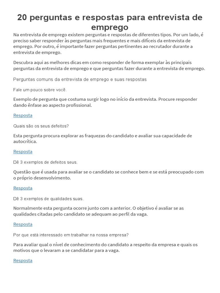 20 perguntas e respostas para entrevista de emprego | PDF