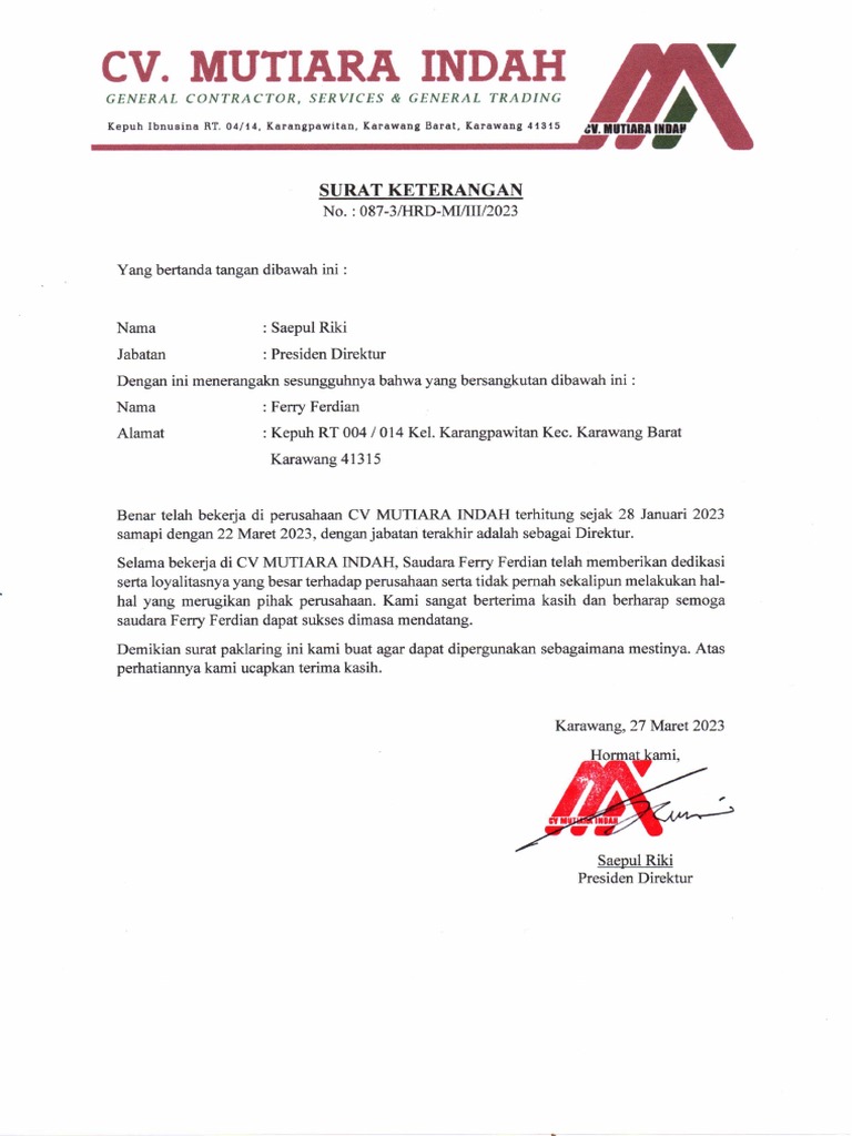 Keterangan Pengunduran Diri Dari Pemberi Kerja Tempat Peserta Bekerja ...