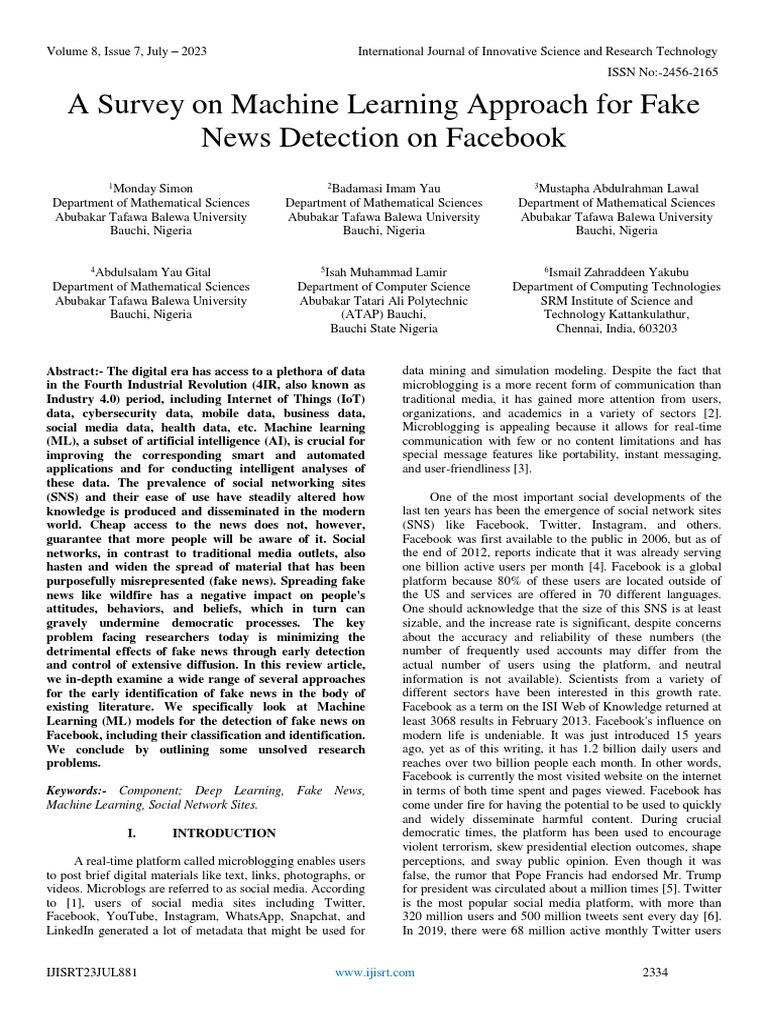A Survey On Machine Learning Approach For Fake News Detection On Facebook Pdf Machine