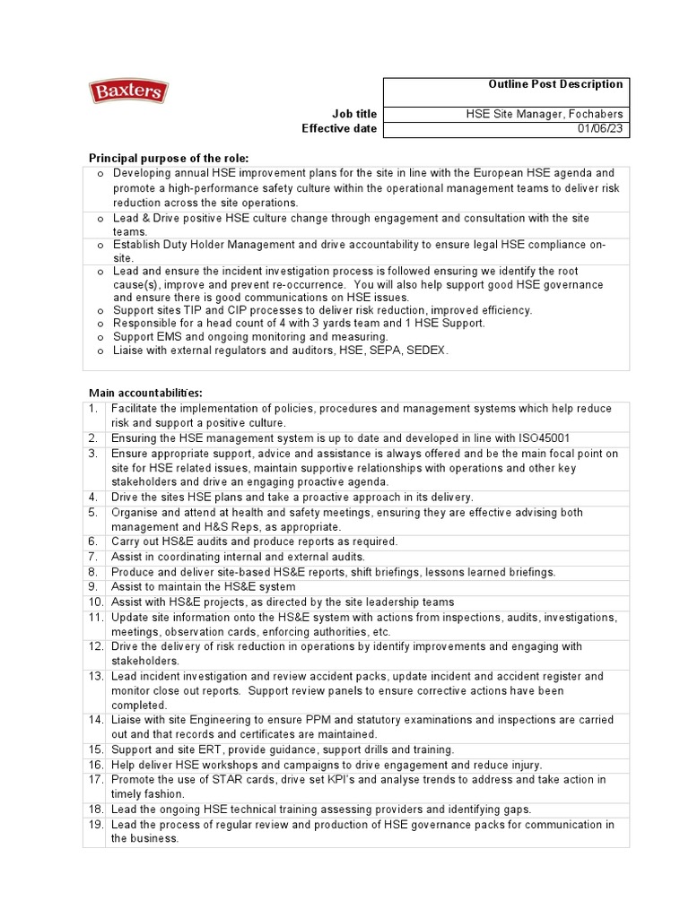 HSE Manager - Baxters - Job Description | PDF | Audit | Governance