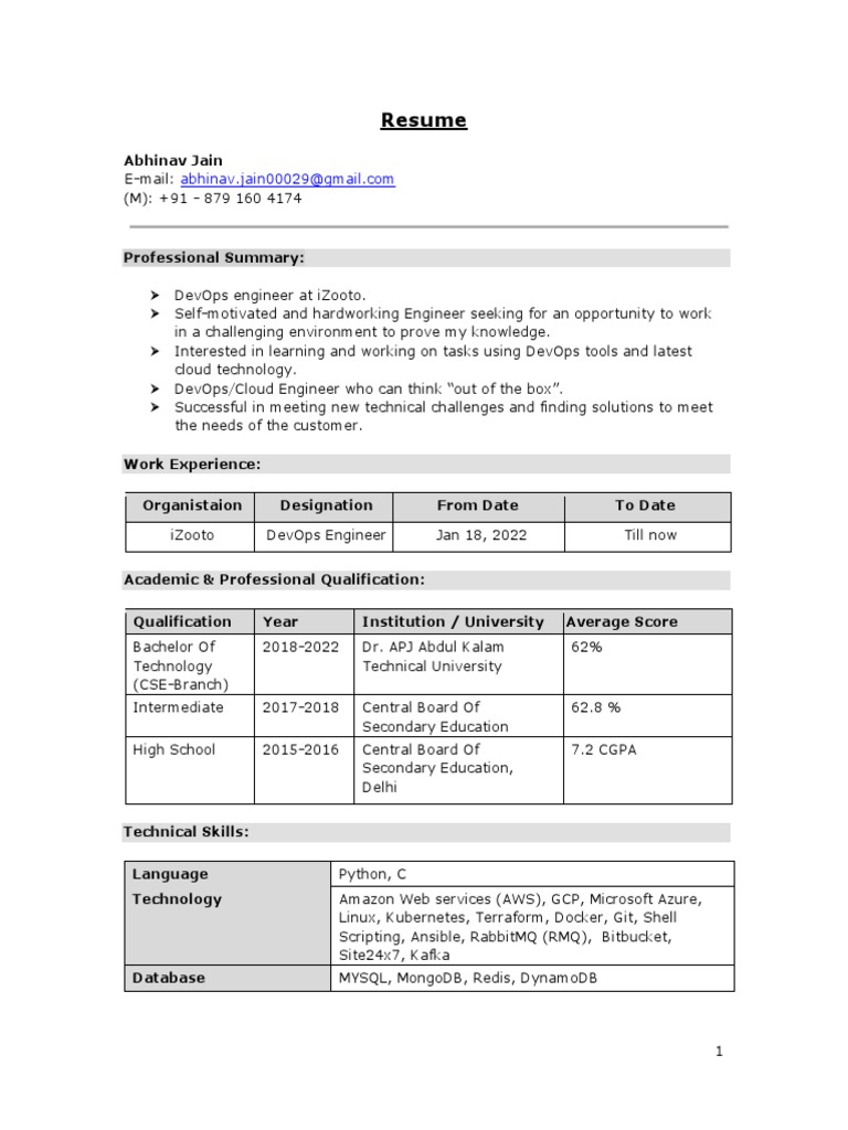 Abhinav Jain DevOps Resume | PDF