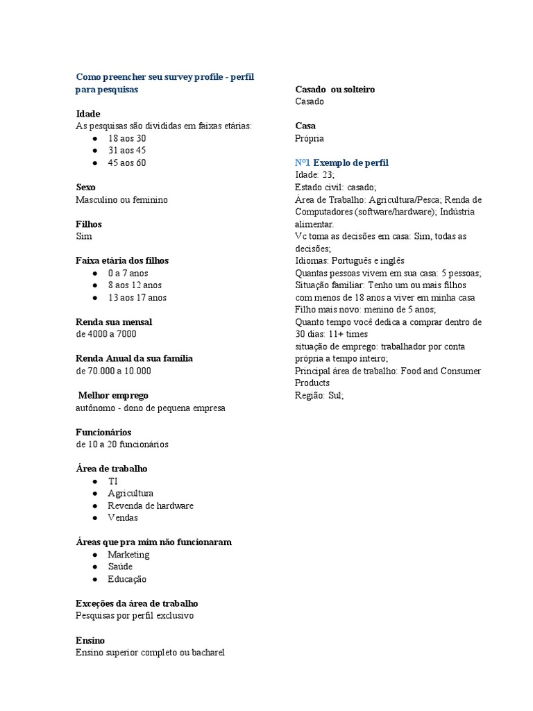 Como Preencher Seu Survey Profile - Perfil para Pesquisas | PDF | Bem-estar