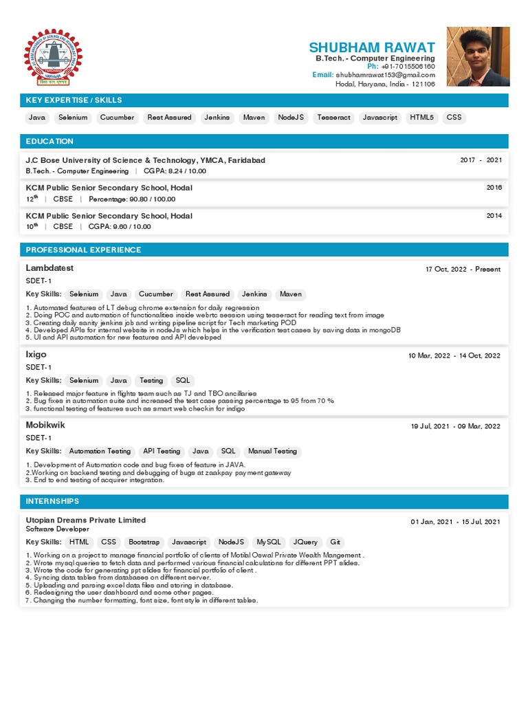 Shubham Rawat Resume SDET | PDF | Java Script | Databases