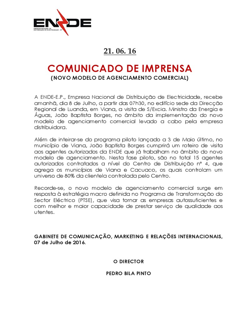 Ende - Nota de Imprensa | PDF