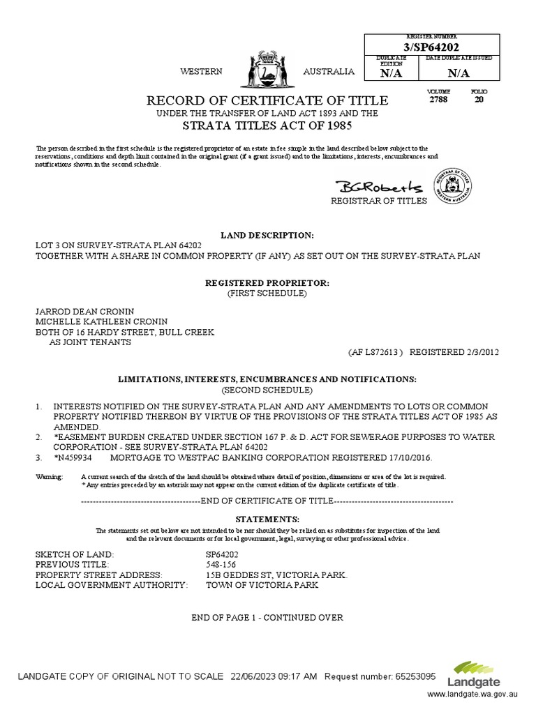 Record of Certificate of Title: Strata Titles Act of 1985 | PDF