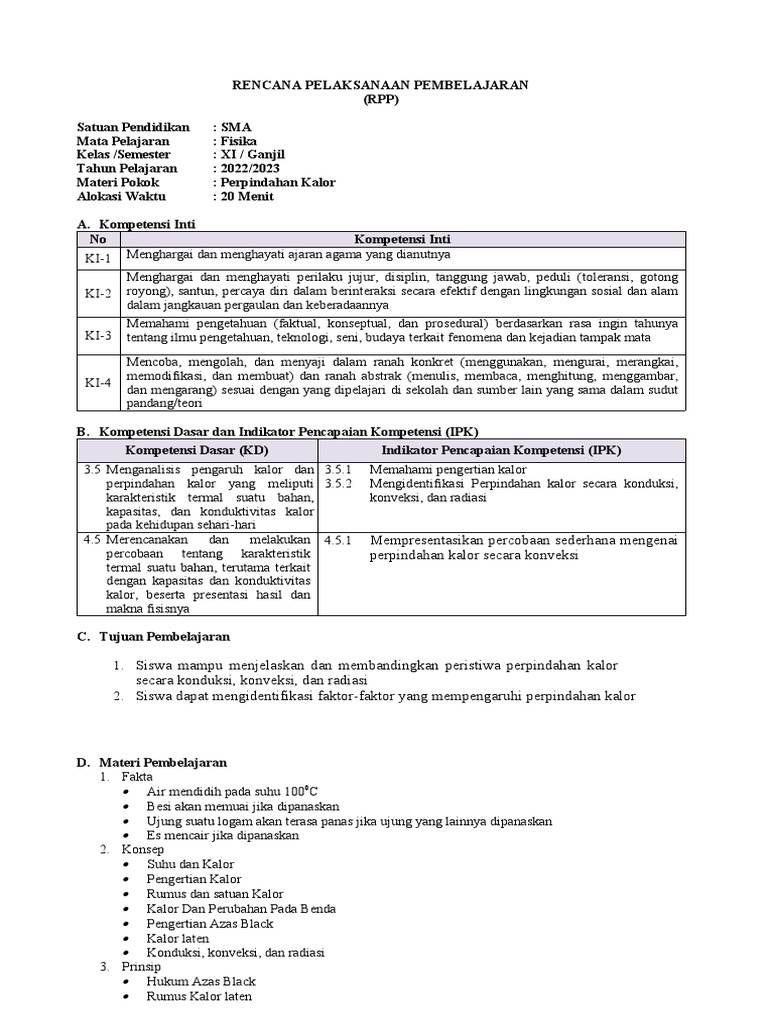 RPP 20 Menit Suhu Dan Kalor Fiks | PDF