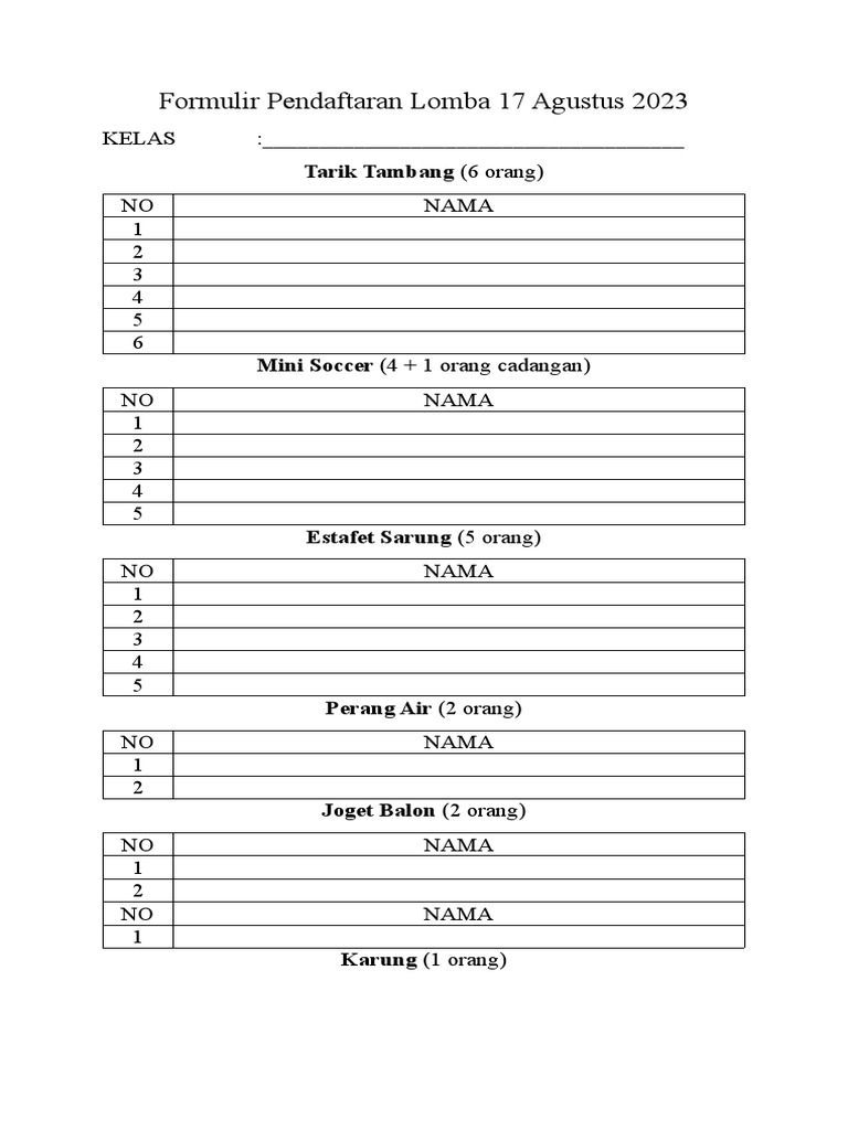 Formulir Pendaftaran Lomba 17 Agustus 2023 | PDF