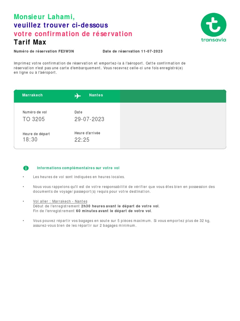 confirmation de reservation_ FE3W3N | PDF