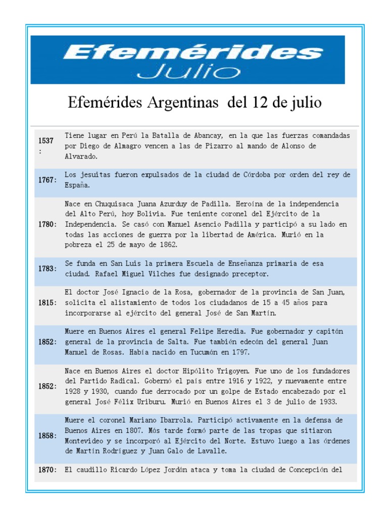 12 de Julio Efemerides | PDF | Buenos Aires | América del Sur