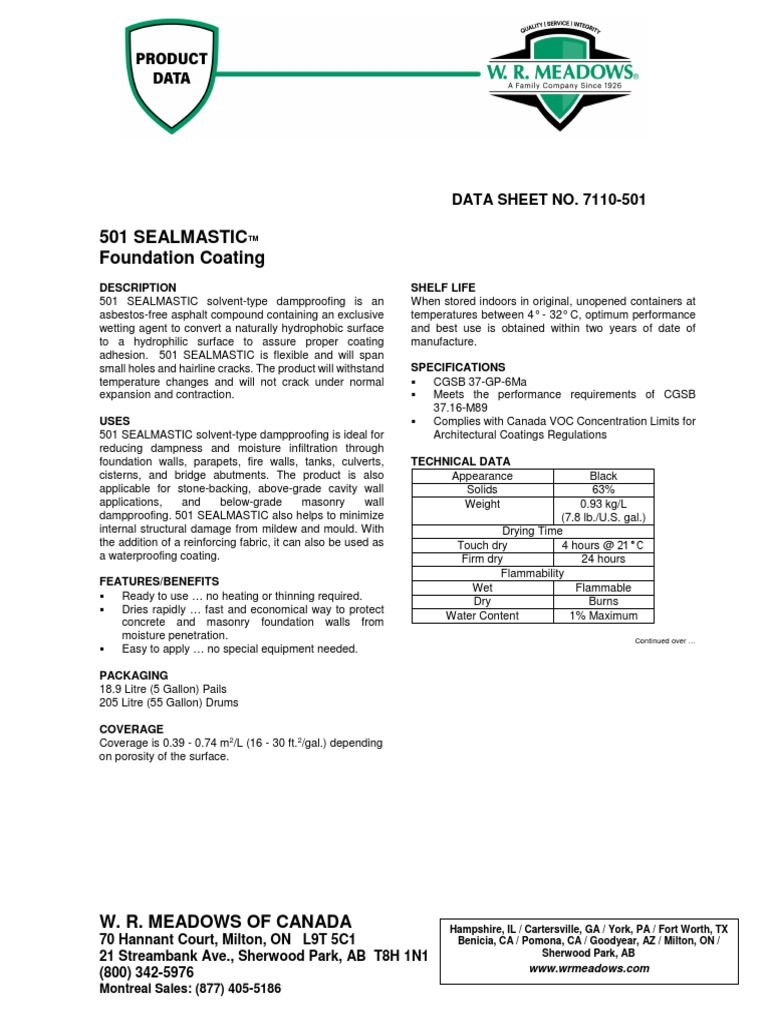 501 Sealmastic Foundation Coating: DATA SHEET NO. 7110-501 | PDF
