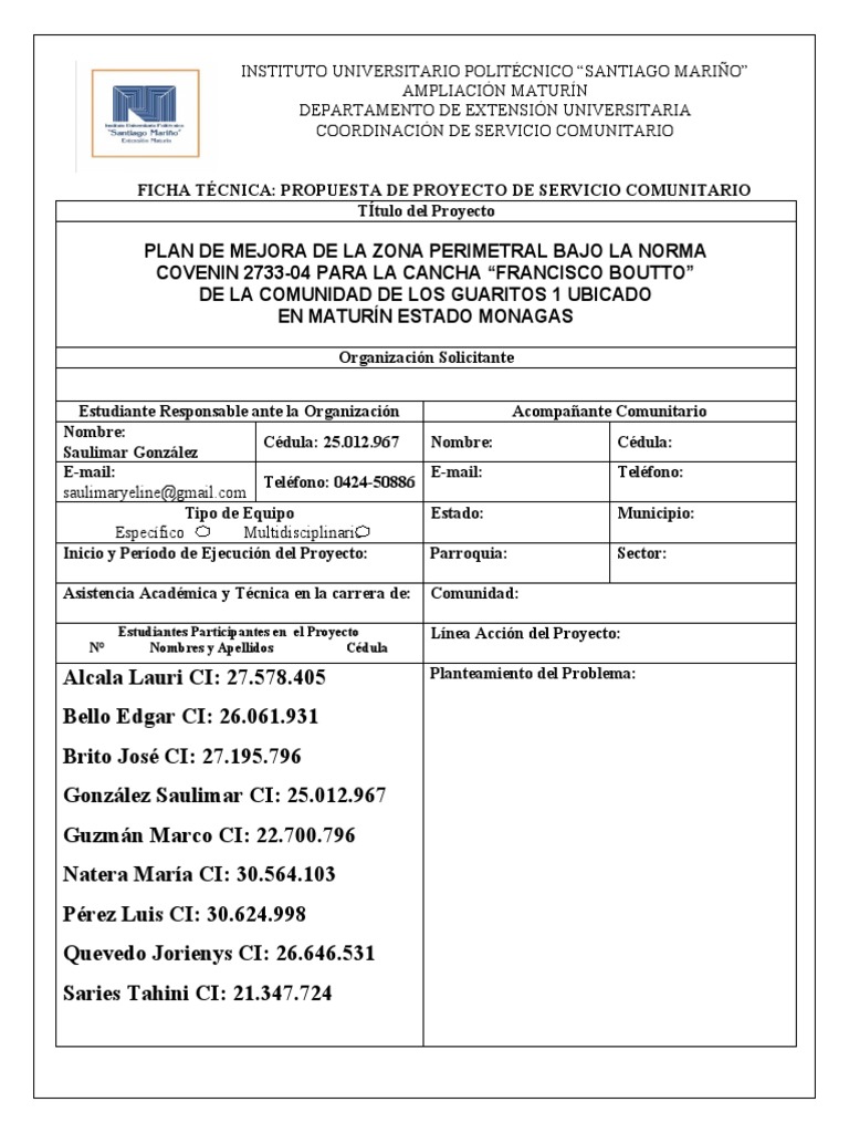Ficha Técnica Del Proyecto de Servicio Comunitario 2021-2 | PDF