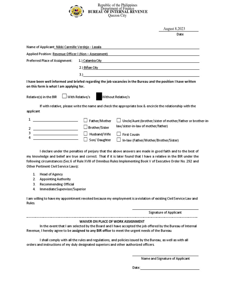 Statement of Relatives Form For Applicants (Revised) | PDF