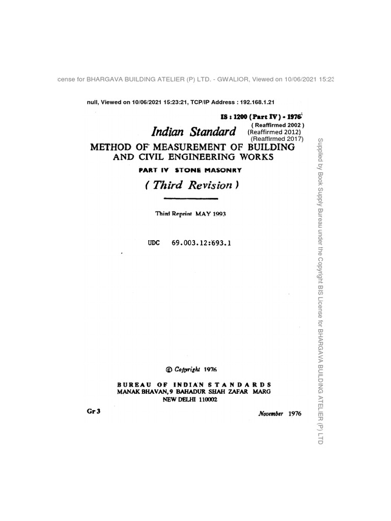 IS 1200 Part 4 1976 METHOD OF MEASUREMENT OF BUILDING AND CIVIL ...
