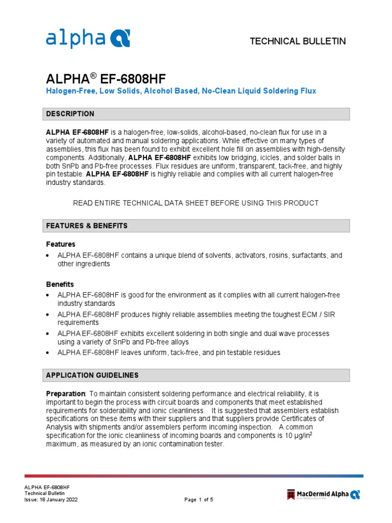 ALPHA EF 6808HF Liquid Flux EN 18jan22 TB - 1 | PDF