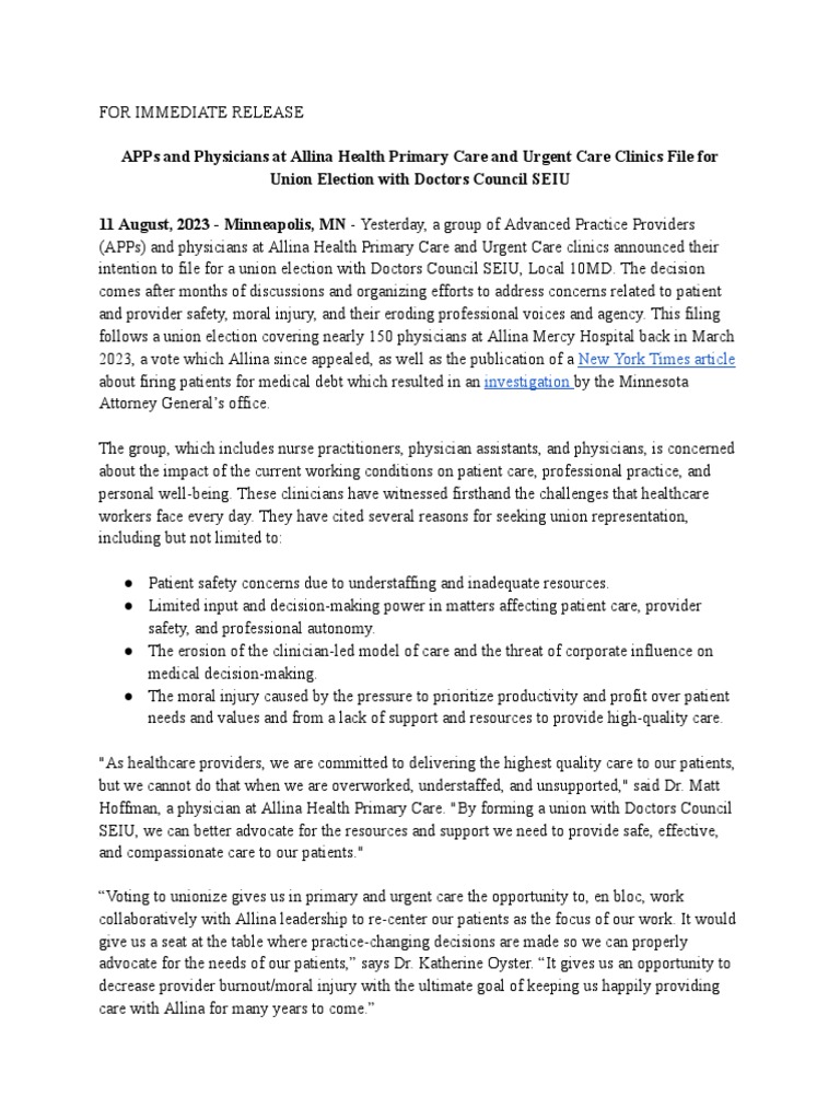 Allina Clinicians Seek Unionization | PDF | Health Care | Patient