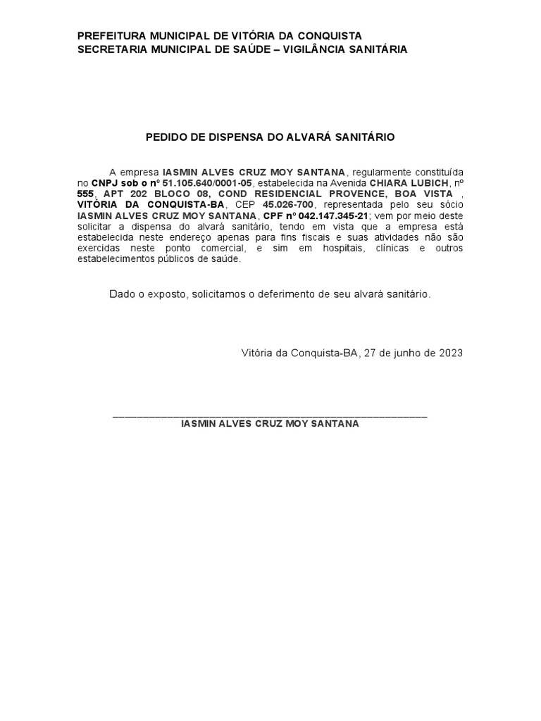 Pedido de Dispensa Visa - Modelo | PDF