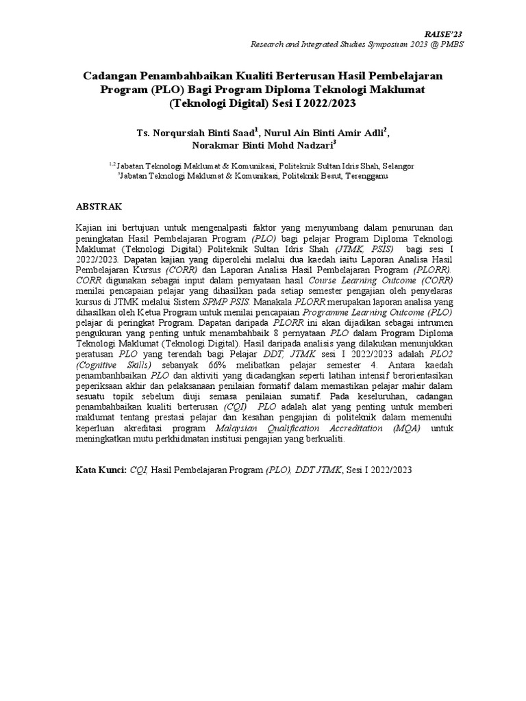 Cadangan Penambahbaikan Plo Terendah Sesi 1 2022 2023 DDT JTMK | PDF