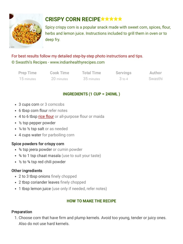 Crispy Corn Recipe - Swasthi's Recipes | PDF