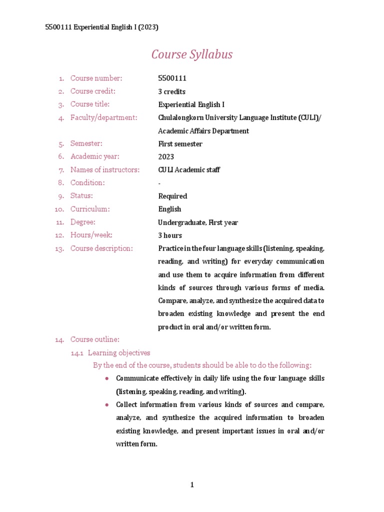 Experiential English I Syllabus 2023 | PDF | Plagiarism | Learning