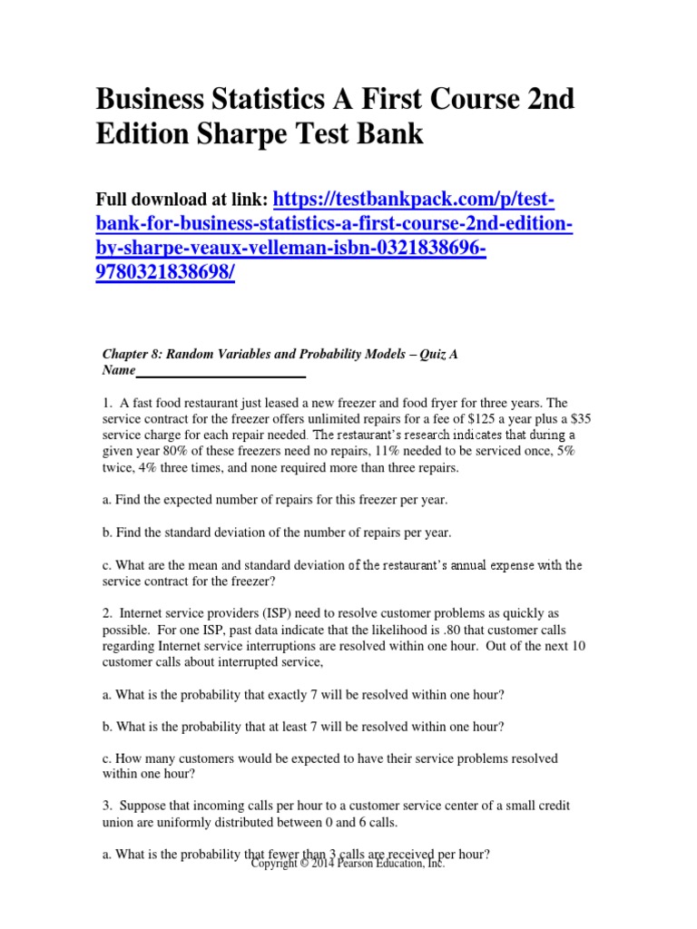 Business Statistics a First Course 2nd Edition Sharpe Test Bank ...
