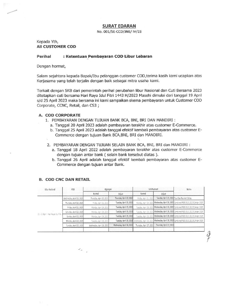 CCD - Surat Edaran Payment COD 2023 | PDF