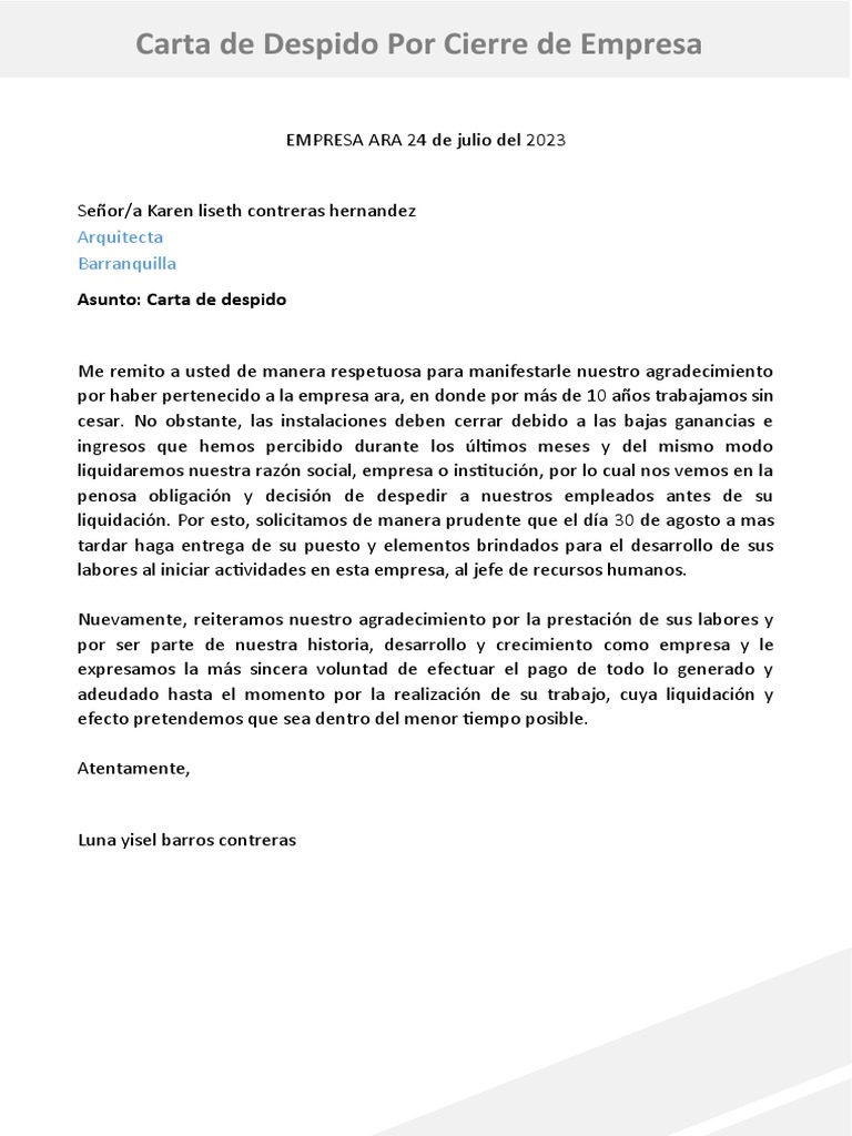 carta-de-despido-por-cierre-de-empresa | PDF