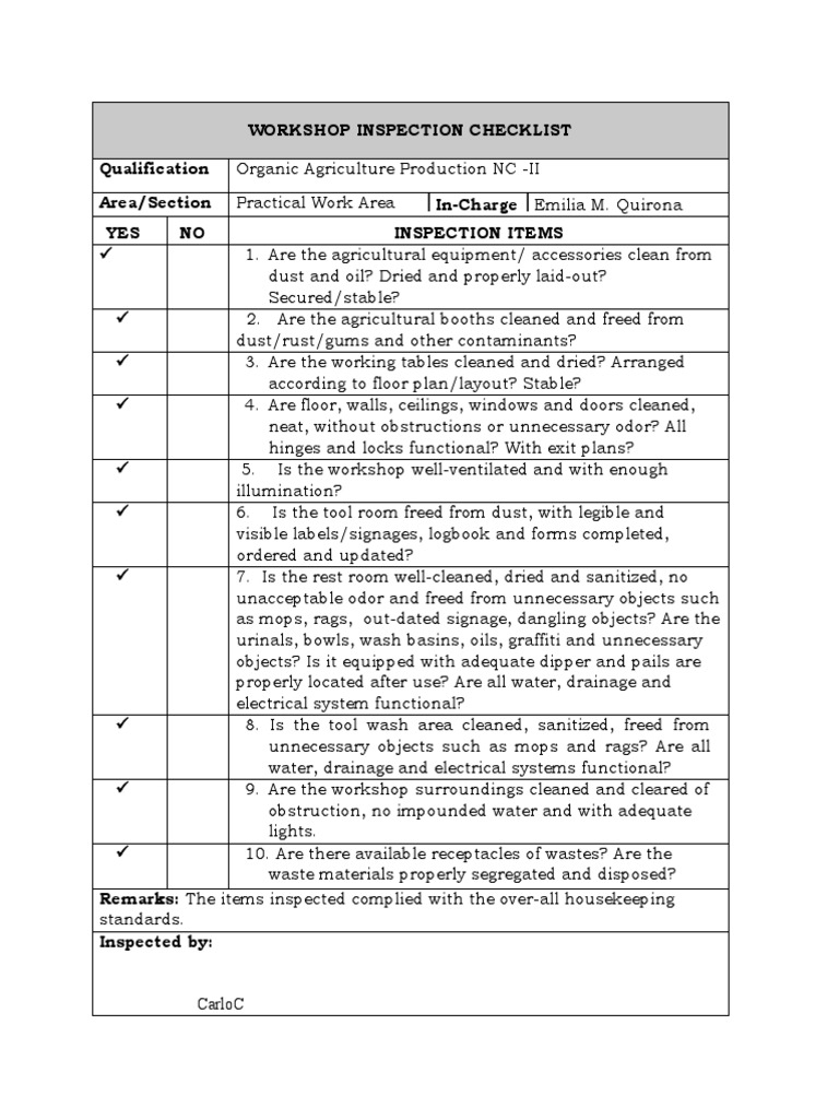 Workshop Inspection Checklist - Quirona | PDF | Home & Garden ...