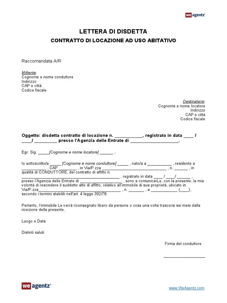 Lettera Di Disdetta Abitativa Inquilino | PDF