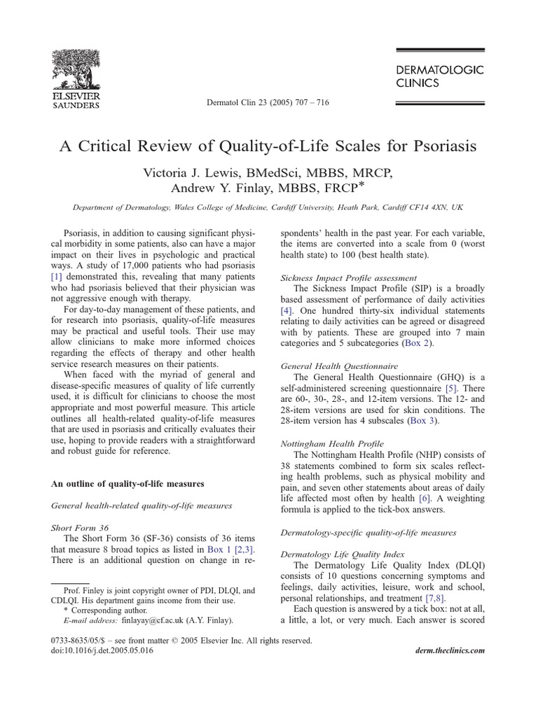 A Critical Review of Quality of Life Scales For Psor - 2005 ...