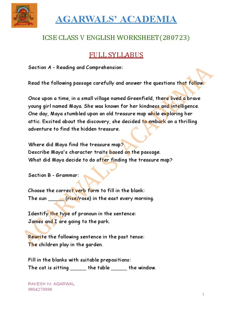 Icse Class 5 English Language Worksheet | PDF | Verb | Linguistic Typology