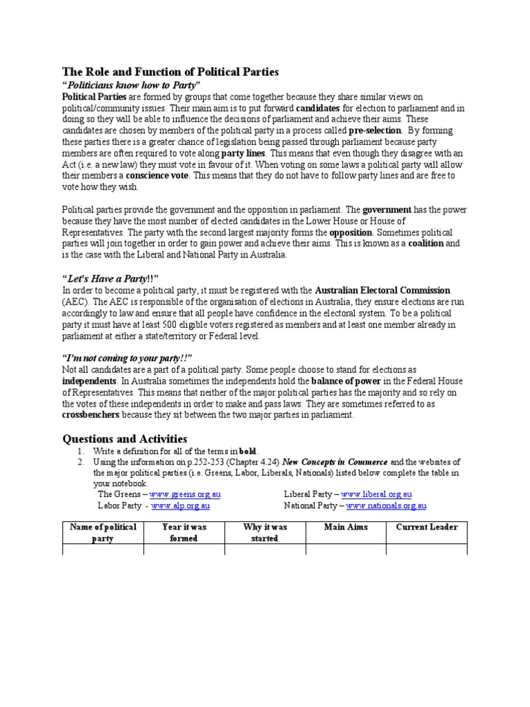 The role and function of political parties - worksheet | PDF ...