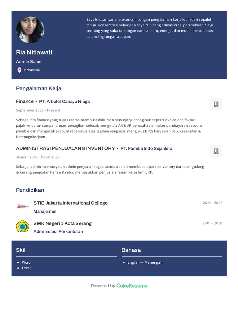 Profil Ria Nitiawati: Admin Sales Berpengalaman | PDF