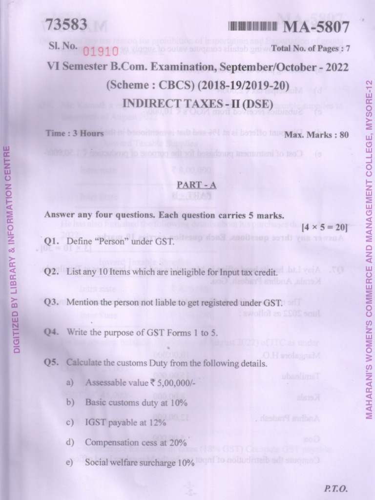 6th Sem Bcom Exam, Sept - Oct-2022 Indirect Taxes-II (DSE) MA-5807 | PDF