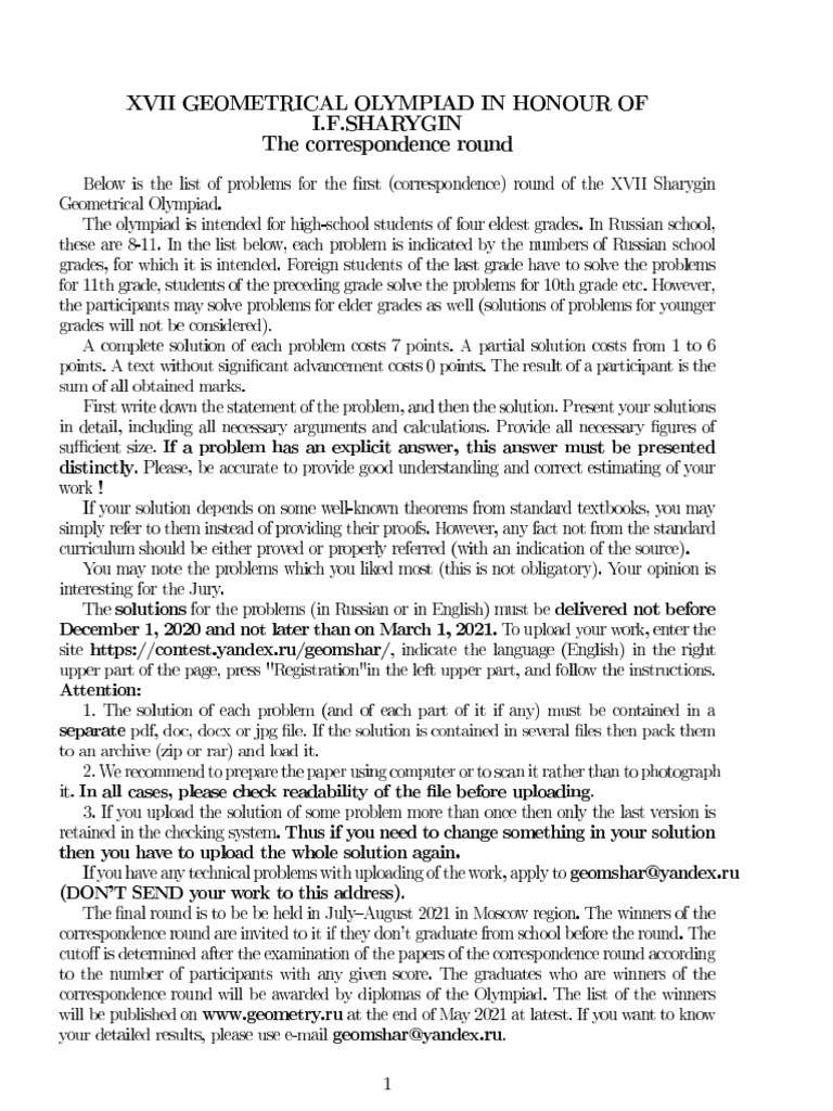 XVII Sharygin Geometry Olympiad Solutions | PDF