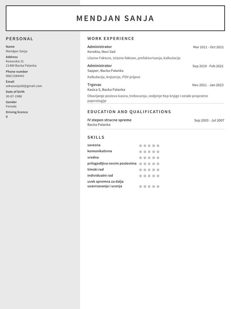CV Mendjan Sanja #1 | PDF
