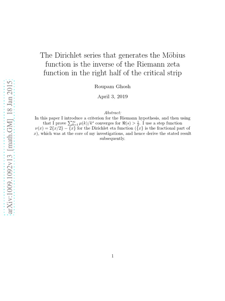 The Dirichlet Series That Generates The M Obius Function Is The Inverse