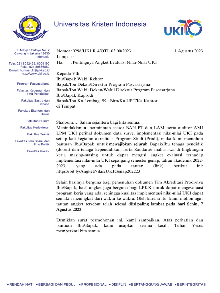 Pentingnya Angket Evaluasi Nilai-Nilai UKI | PDF