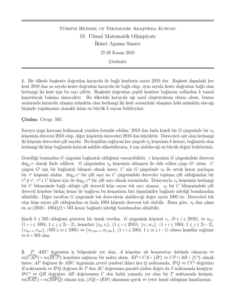 2010 Turkish Mathematical Olympiad Solutions | PDF