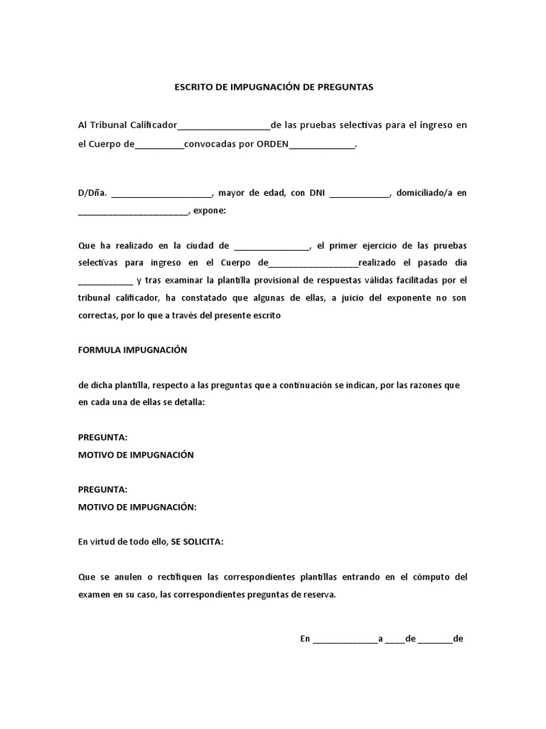 Modelo para impugnación de preguntas en una oposición | PDF Modelo para impugnación de preguntas en una oposición | PDF
